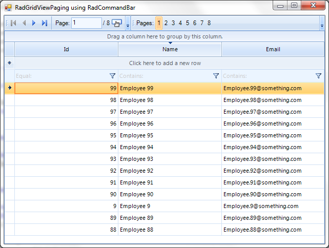 GridView Paging Using CommandBar In UI For WinForms GridView Telerik